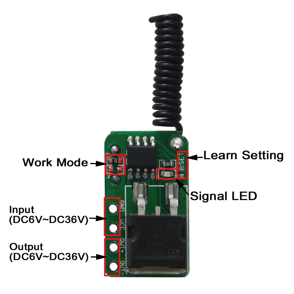 DC 6~36V Power Output 27×16mm Wireless Remote Receiver With 4 Control ...